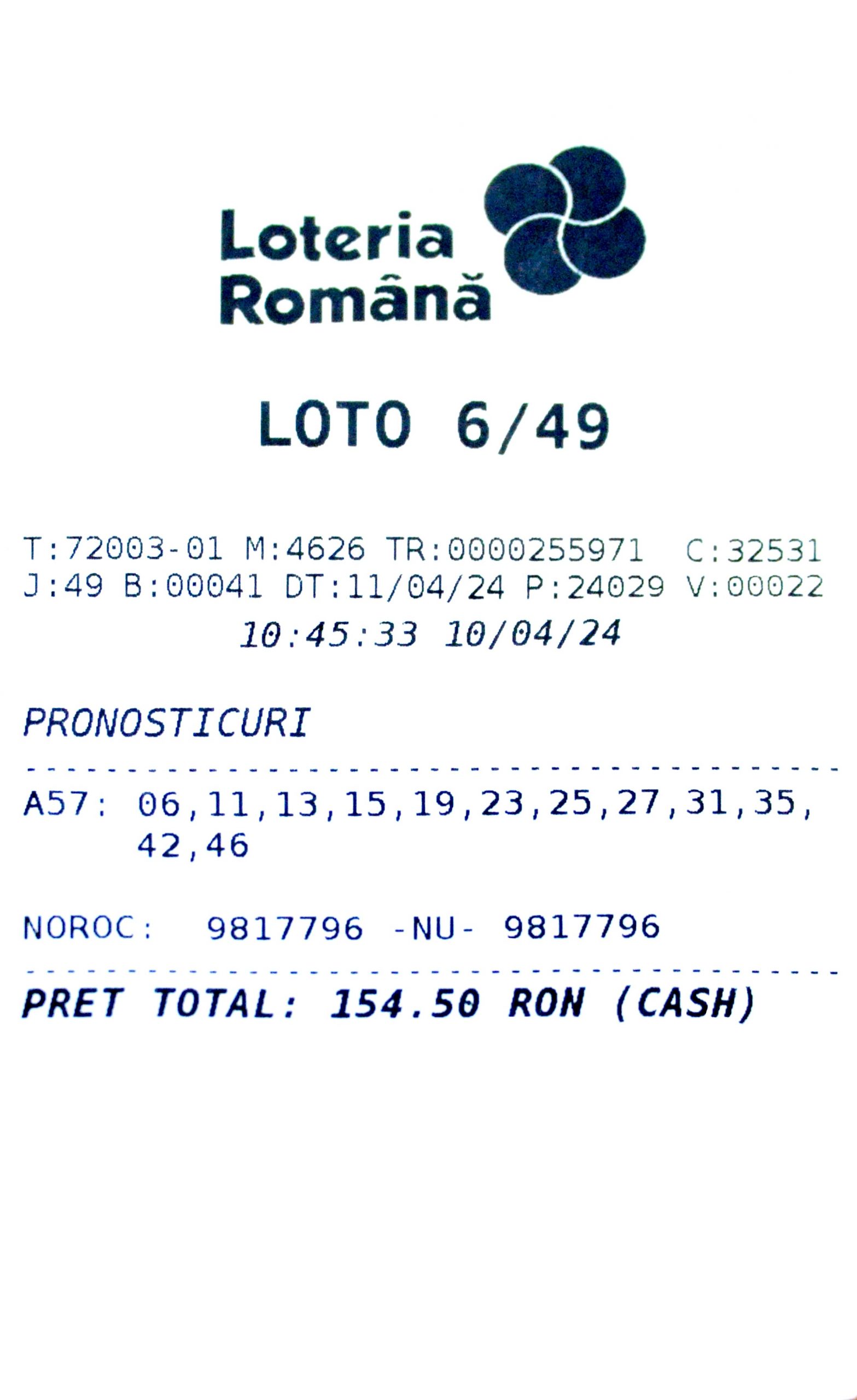 CASTIGATORUL PREMIULUI DE CATEGORIA I LA TRAGEREA LOTO 6/49 DIN 11 APRILIE SI-A RIDICAT CASTIGUL ...