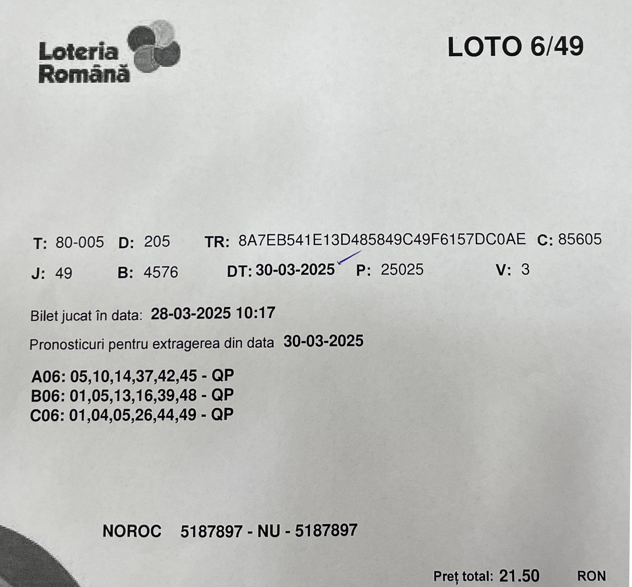 CASTIGATORUL PREMIULUI DE CATEGORIA I LA TRAGEREA LOTO 6/49 DIN 30.03. ...